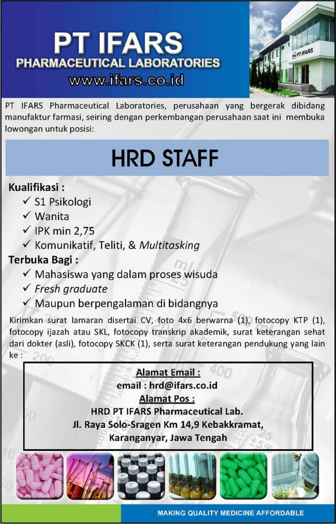 Lowongan Kerja – PT. IFARS Pharmaceutical Laboratories – Fakultas ...